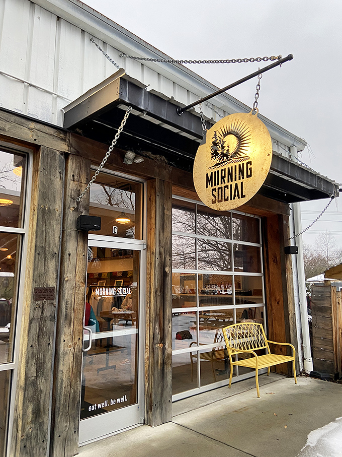 Morning Social's rustic-chic entrance promises coffee and community in equal measure, with that sunny yellow bench practically begging you to sit and stay awhile.