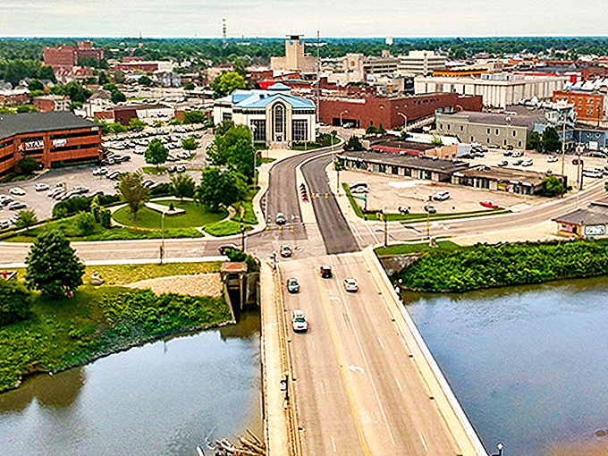 From above, Muncie reveals itself as a perfect blend of urban convenience and natural beauty, with the White River cutting through like nature's dividing line.