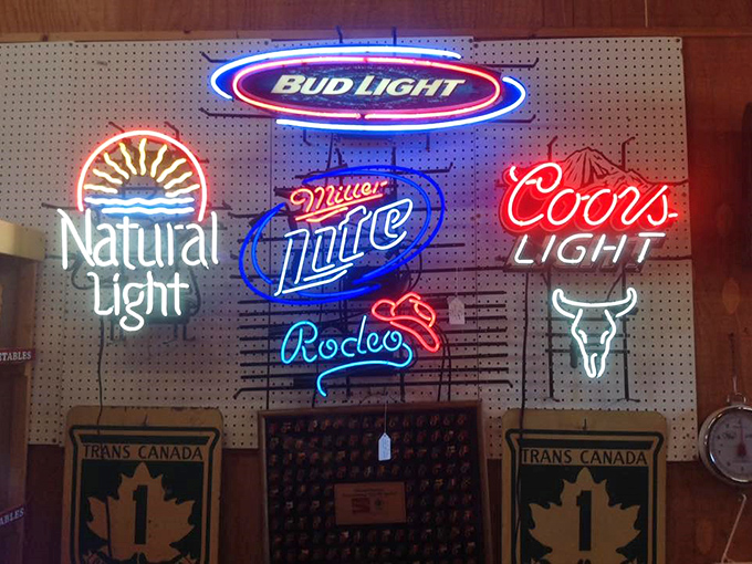Neon beer signs glow like a dive bar's greatest hits album &ndash; Bud Light meets Coors in vintage harmony.