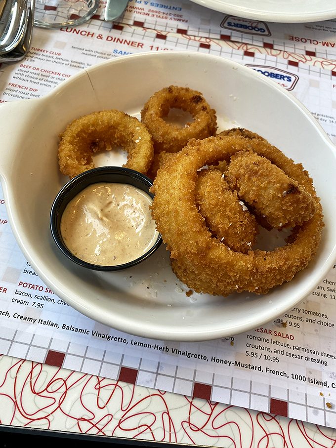 Onion rings: golden halos of happiness with dipping sauce. Proof that the simplest pleasures are often circular and deeply fried.