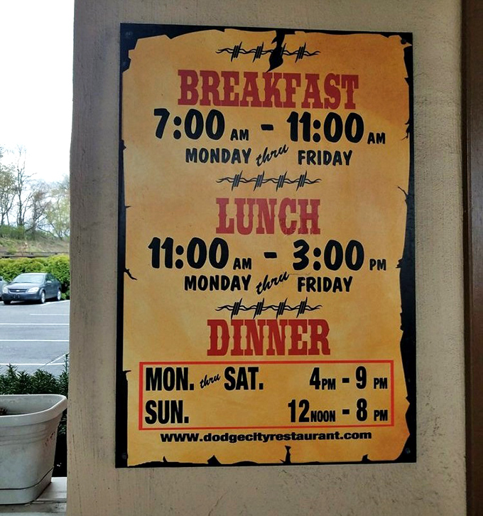 Hours of operation posted with the clarity of a wanted poster. Plan your meat-eating schedule accordingly&mdash;your stomach will thank you.