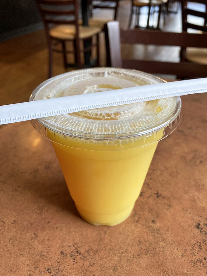Orange juice so bright it could replace your morning coffee. Sunshine in a cup, with a straw for efficient happiness delivery.