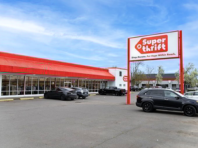 "Shop, Donate, Put Hope Within Reach"&mdash;SuperThrift's mission statement shines as brightly as its iconic red signage against the Oregon sky.