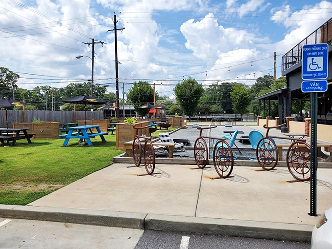Outdoor seating with character – colorful chairs and string lights create a casual vibe that says "stay awhile" even before the food arrives.
