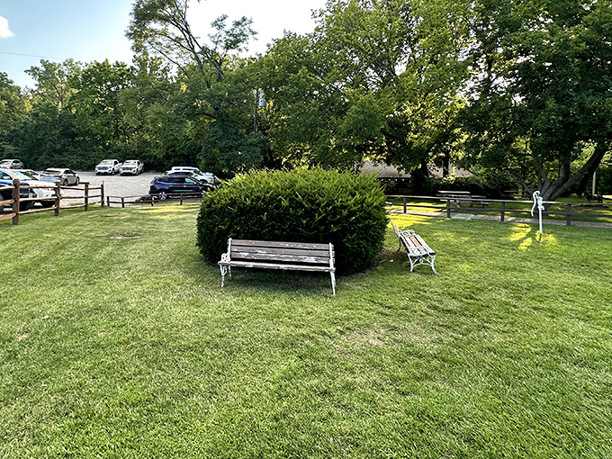 The peaceful grounds outside offer a moment of contemplation before the flavor explosion within. That bench has heard many post-meal sighs of contentment.