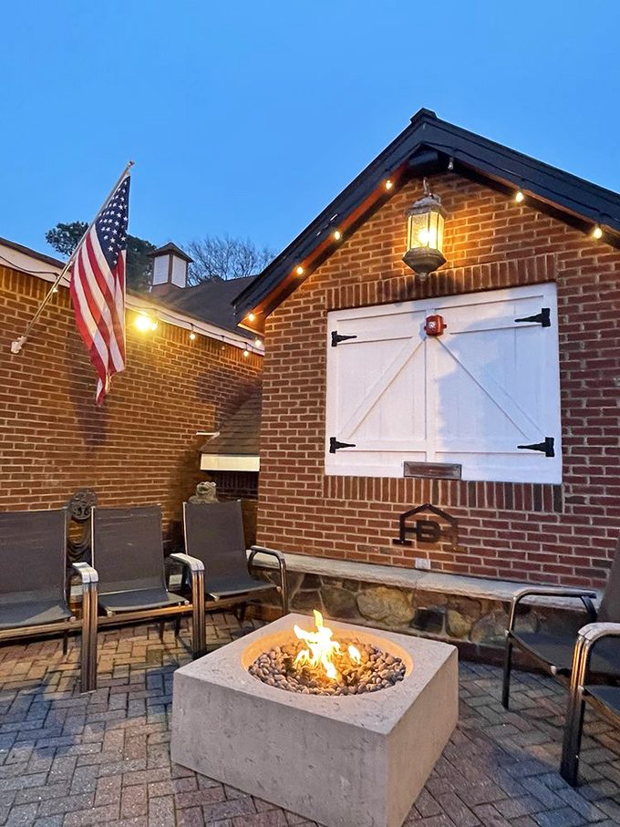 The outdoor patio with fire pit says "your evening doesn't have to end just because you've unbuttoned your pants after dinner."