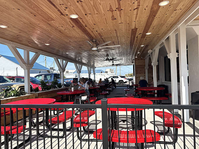Al fresco dining for those brave enough to eat these monsters in full view of the beach-going public.