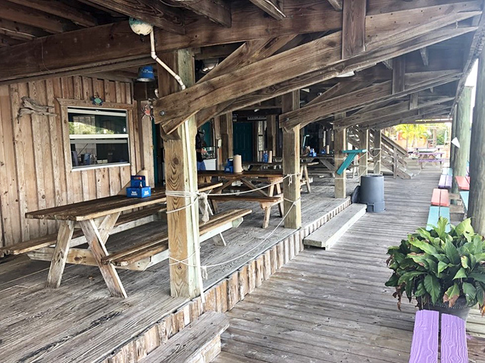 Wooden picnic tables under a rustic overhang&mdash;where memories are made between bites of impossibly fresh seafood and sips of cold beer.