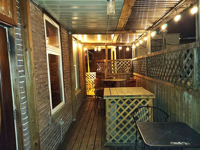 The outdoor patio offers a cozy retreat with string lights creating a magical atmosphere for enjoying a pint under the Pennsylvania stars.