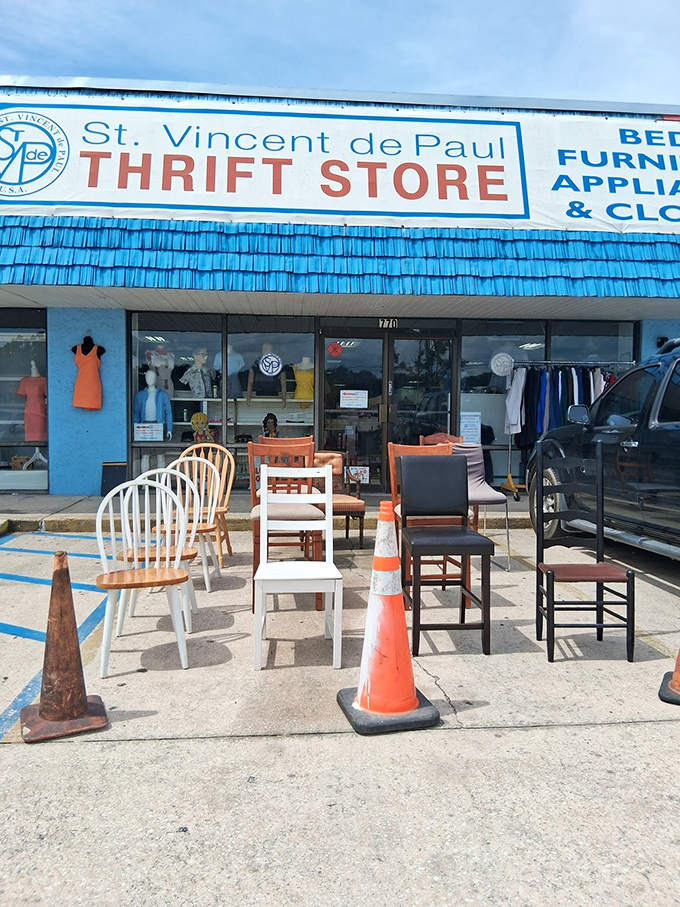 The sidewalk sale: where furniture auditions for your home in the Florida sunshine. These chairs are ready for their callback to your dining room.