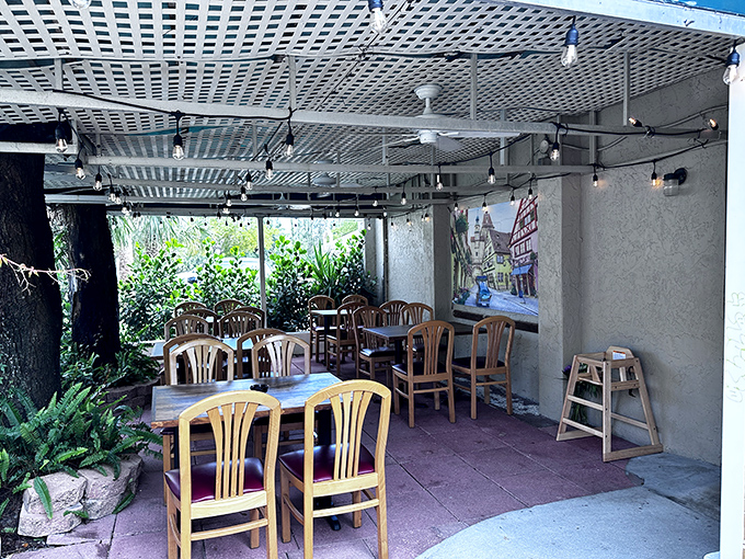 The outdoor seating area offers a tropical twist on the biergarten experience&mdash;palm fronds instead of oak trees, but the beer tastes just as good.