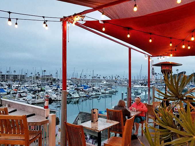 As evening approaches, string lights twinkle above harbor-view tables, creating the perfect California coastal dining atmosphere that memories are made of.
