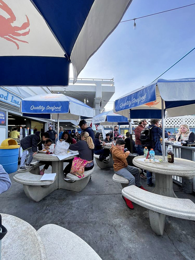 Community dining at its finest. These concrete tables have hosted countless seafood celebrations, first dates, family gatherings, and "I can't believe how good this is" moments.
