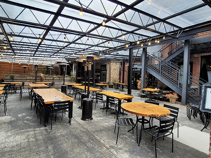 The covered patio proves that good food tastes even better under open skies.