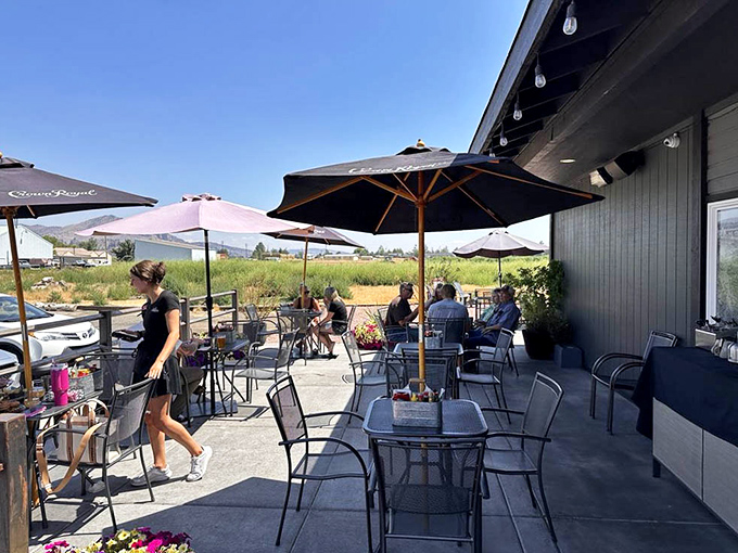 Dining al fresco with mountain views in the distance. The perfect setting for contemplating life's big questions, like "Should I order more donuts?" 