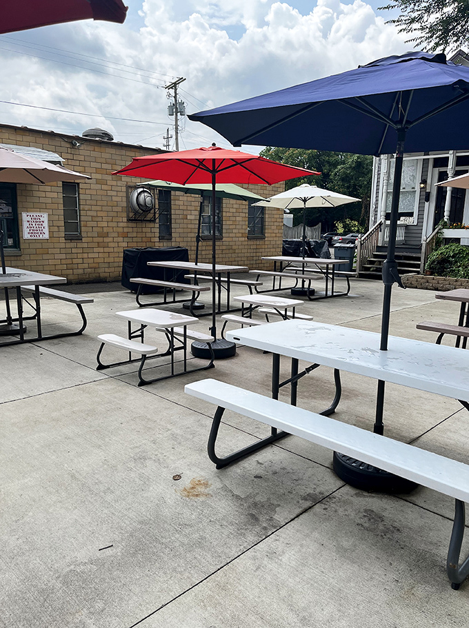 The outdoor seating area&mdash;where summer dreams and ice cream realities meet under colorful umbrellas for the perfect Ohio afternoon.