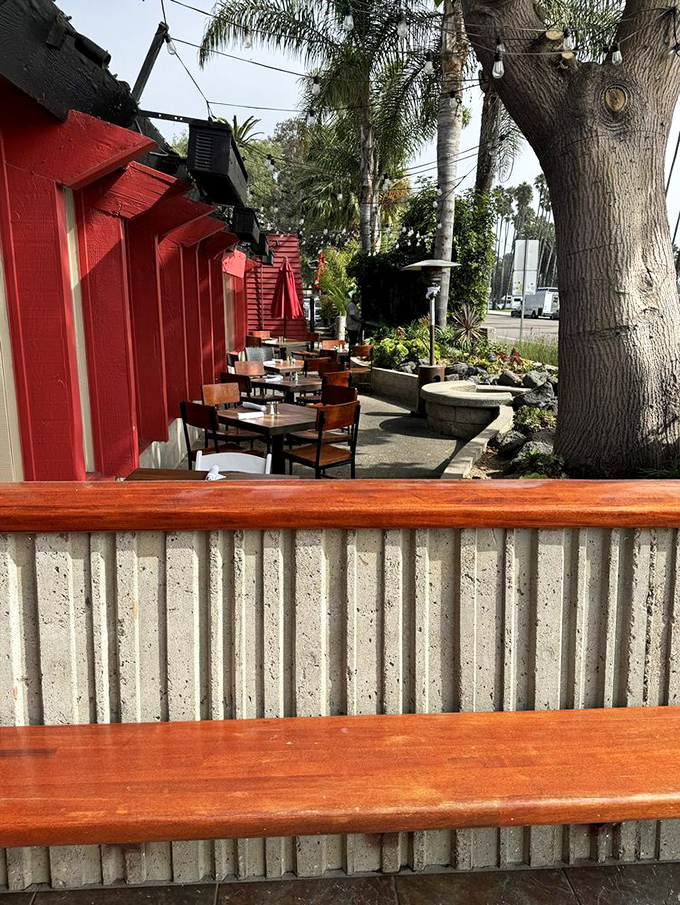 Red walls, palm trees, and outdoor seating: California doesn't get more California than this without slapping an avocado on it.