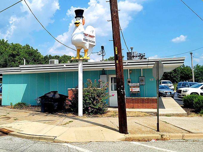 That magnificent chicken mascot watches over Central Avenue like a delicious guardian angel of fried perfection.