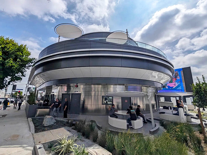 The building's UFO-like silhouette against the California sky makes you wonder if aliens would come to Earth just for the milkshakes. 