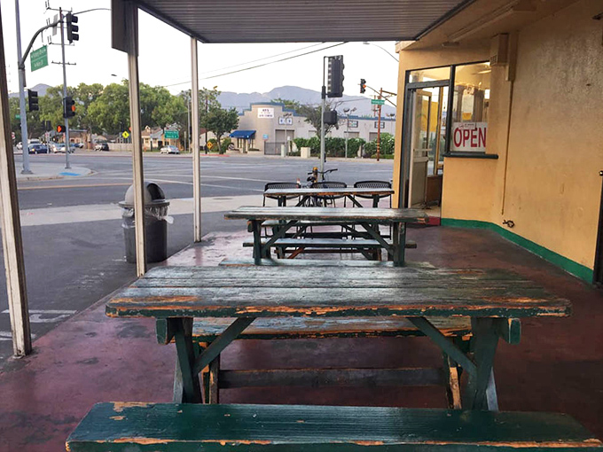Outdoor seating where you can enjoy your burrito while watching Burbank wake up around you.