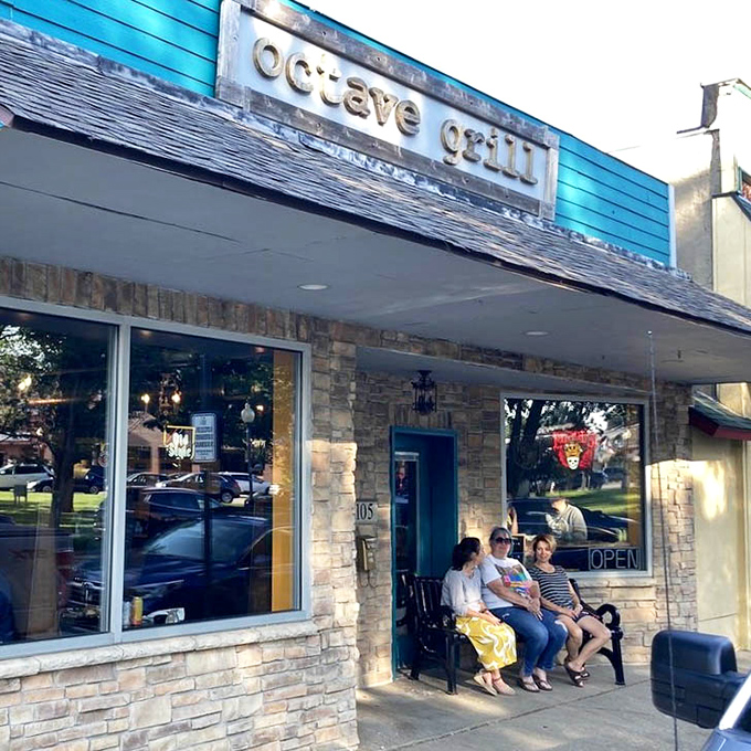 The stone facade and turquoise trim make Octave Grill an instantly recognizable landmark in downtown Chesterton&mdash;a burger beacon for the hungry.