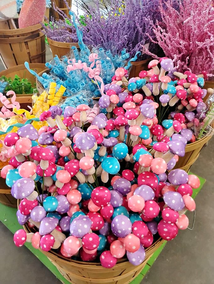 A basket bursting with colorful mushroom decorations shows that even whimsical home accents get the outlet treatment&mdash;fantasy prices for fantasy decor.