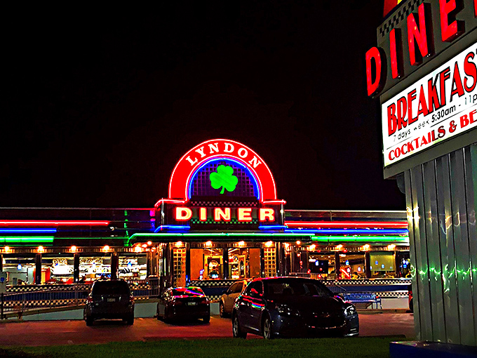 At night, the neon glow of Lyndon Diner transforms from mere restaurant to roadside cathedral of comfort food. A Pennsylvania landmark illuminated.