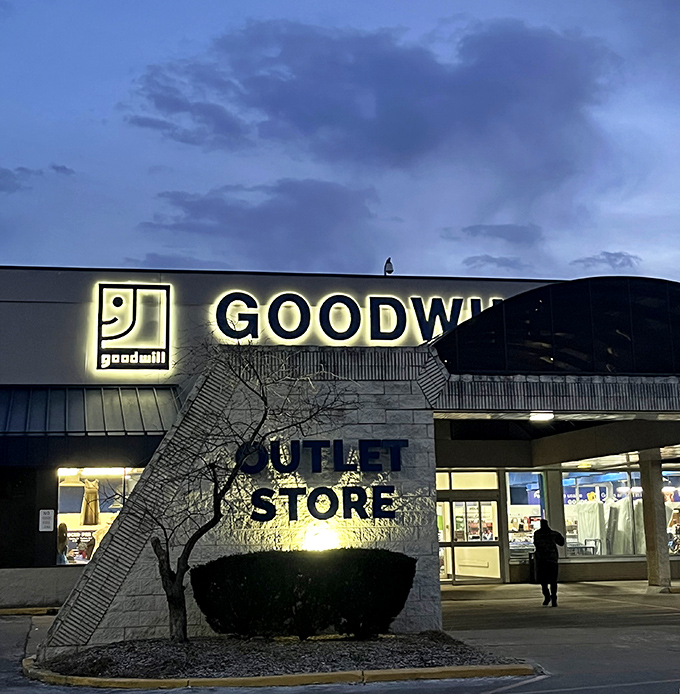 As night falls, the Goodwill Outlet glows like a beacon of bargain possibilities. Tomorrow brings new bins, new treasures, and new stories waiting to be discovered.