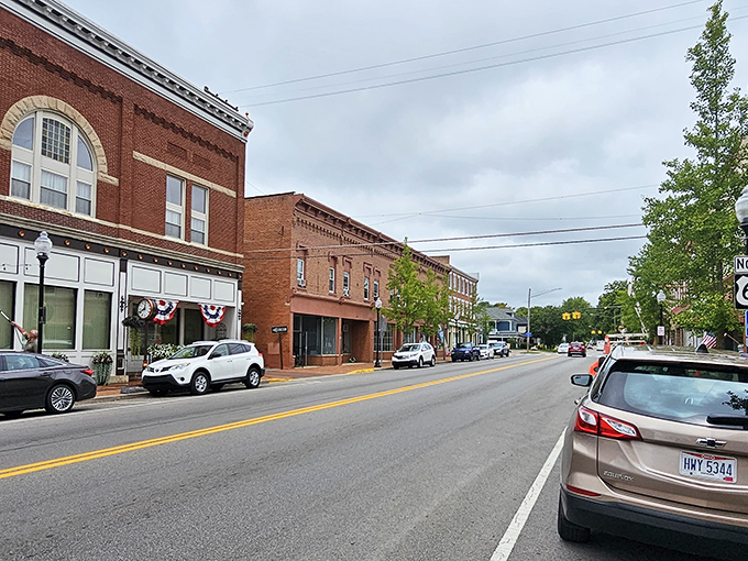 West Liberty's main street looks like America before chain restaurants took over. Small towns like this are where real food traditions survive. 