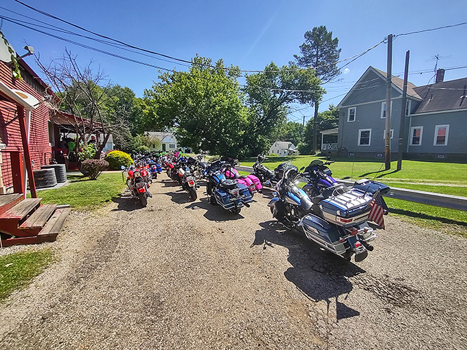 When the weather's fine, the motorcycles line up like eager diners themselves. This popular stop for riders proves great food attracts crowds on two wheels.