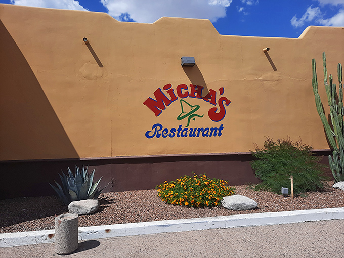 Desert sunset lighting makes even the parking lot look inviting at this beloved establishment.