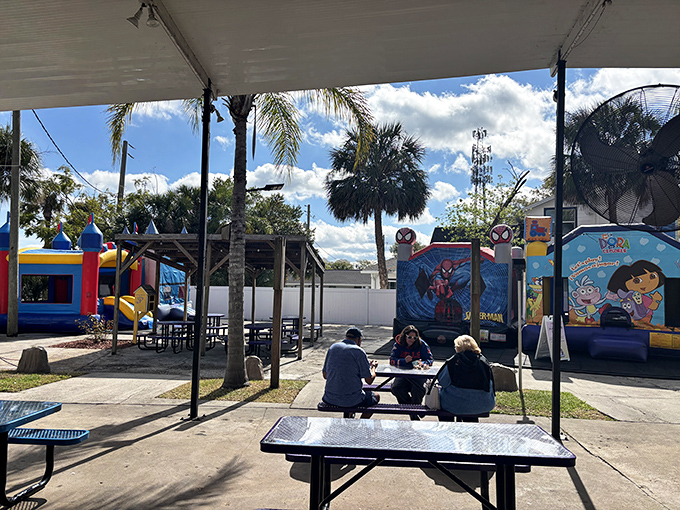 The outdoor patio offers a peaceful retreat after experiencing the indoor nitrogen spectacle and excitement.