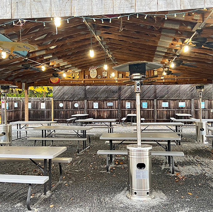String lights and picnic tables create the perfect outdoor dining atmosphere where barbecue tastes even better under stars.