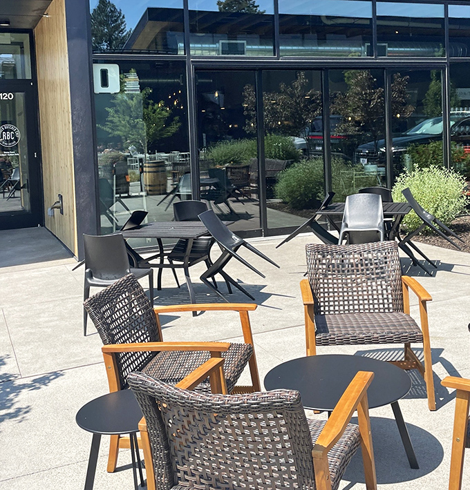 Al fresco dining with a side of fresh mountain air. The outdoor seating area offers a taste of Bend's natural beauty with your meal.