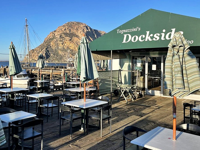 With Morro Rock standing sentinel in the background, these outdoor tables offer the kind of dining view that makes people move to California in the first place.