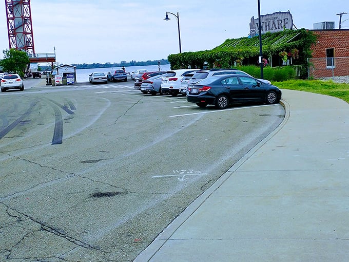 Even the parking lot offers water views—a promising preview of the feast to come. That tower in the distance is Erie's way of waving hello.