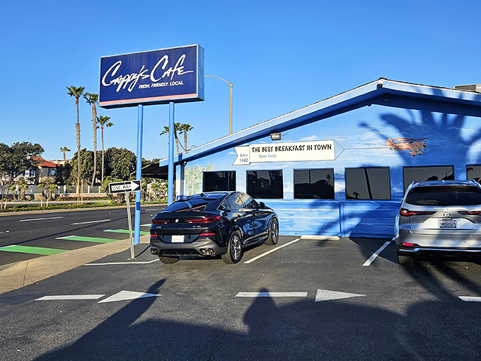 The blue exterior stands out against the Newport Beach sky &ndash; a landmark that says "turn here for happiness" to hungry travelers and locals alike.