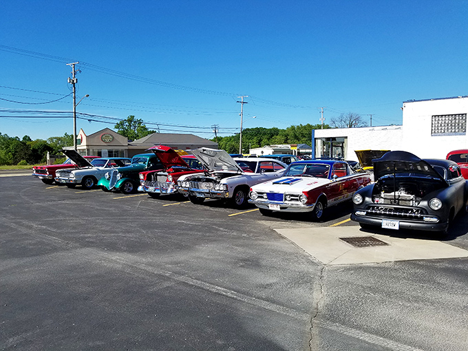 On car show days, the parking lot becomes an impromptu museum of American automotive history&mdash;chrome polished to mirror-like perfection.