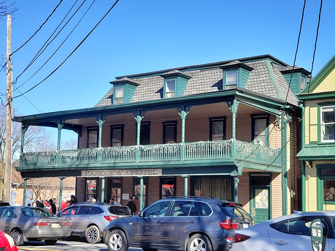 The Parkview Hotel's mint-green Victorian porch practically begs you to sit a spell with a glass of lemonade and watch Lititz life unfold below.