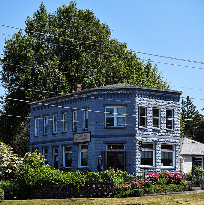 The blue-painted stone facade of Pheasant Run Winery stands as a colorful landmark in Aurora's historic district, offering liquid refreshment after a day of antiquing.