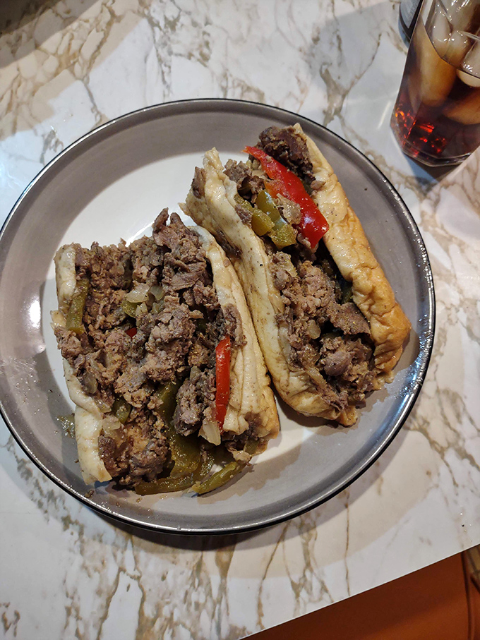 Two halves make a whole cheesesteak heaven. The peppers and meat create a beautiful marriage that's lasted longer than most Hollywood unions.