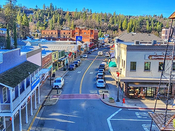 From above, Placerville reveals its perfect nestling among the pines, a main street that curves gently through California's Gold Country.
