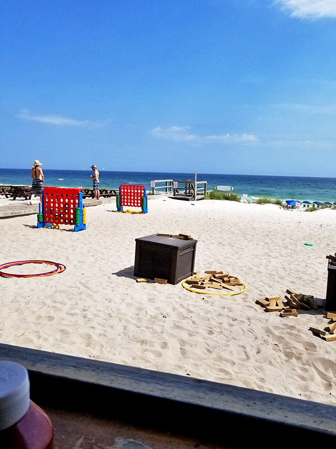 Even the kids' play area embraces beach life&mdash;giant Connect Four is more fun when your toes are in the sand.