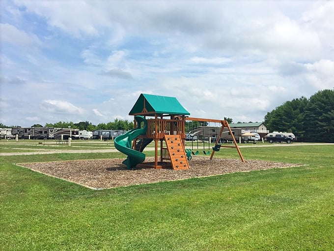 Even playgrounds embrace simplicity in Amish country, where this modest swing set promises old-fashioned fun without a charging station in sight. 