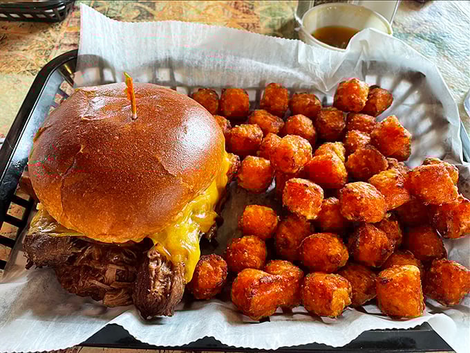 A pot roast sandwich that makes you question why you've wasted time on lesser lunches. Those tater tots aren't just a side&mdash;they're a statement.