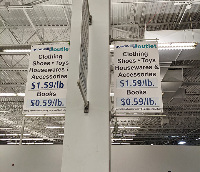 The outlet's democratic pricing system - where literature costs less per pound than bananas and clothing is sold by weight.