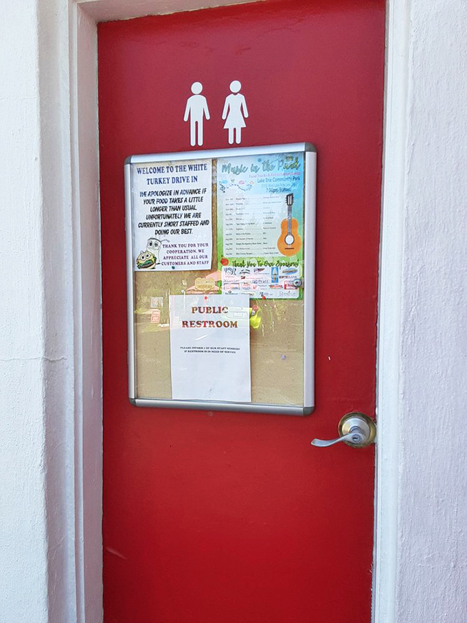 Even the restroom sign has that perfect blend of small-town charm and practical information&mdash;nothing fancy, just like the food that keeps people coming back.