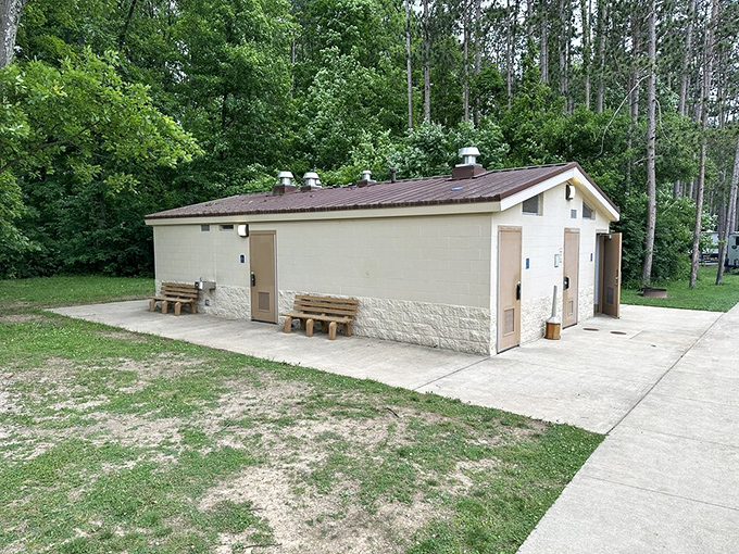 Restroom facilities that blend seamlessly into the landscape - function meets forest aesthetics perfectly.