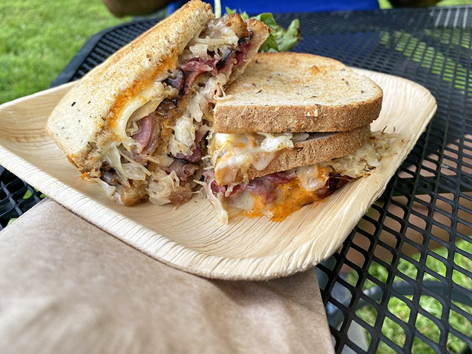 The Reuben reveals its glorious layers like the cross-section of a delicious geological formation. Proof that sometimes the best architecture in Pennsylvania is between two slices of bread.