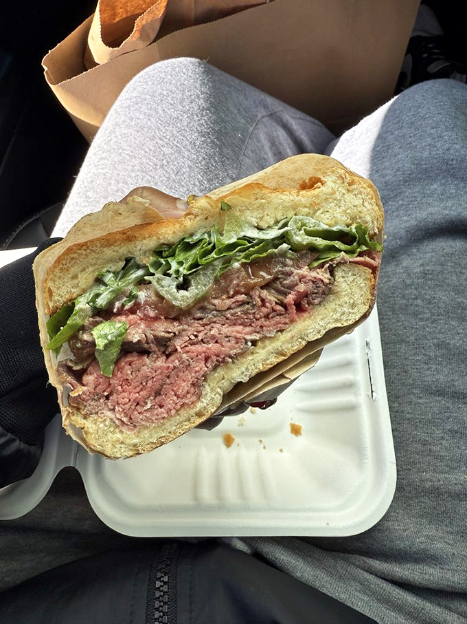 This roast beef sandwich isn't just lunch; it's a portable masterpiece that makes eating in your car feel like dining at a five-star restaurant.